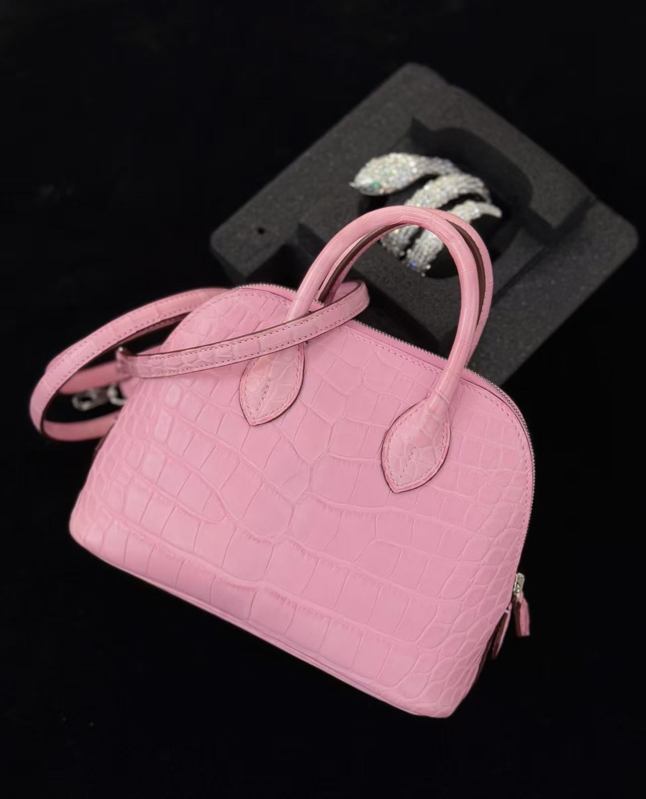 Super Rare, Hermès Mini Bolide 5P Bubblegum Crocodile leather Palladiu ...