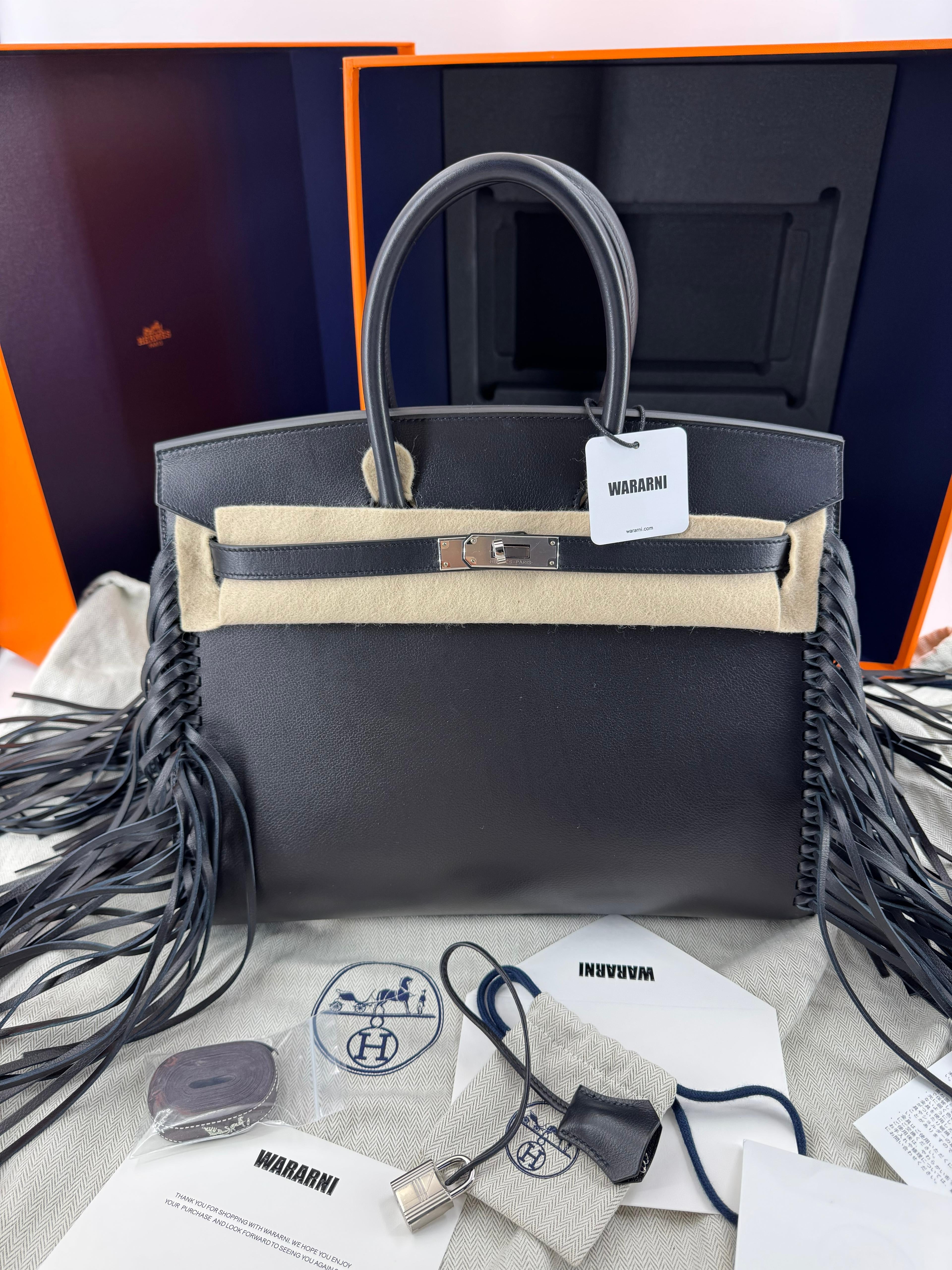 Hermès Birkin 35 Sellier Black Anate Fringe Evercolor leather Palladiu ...