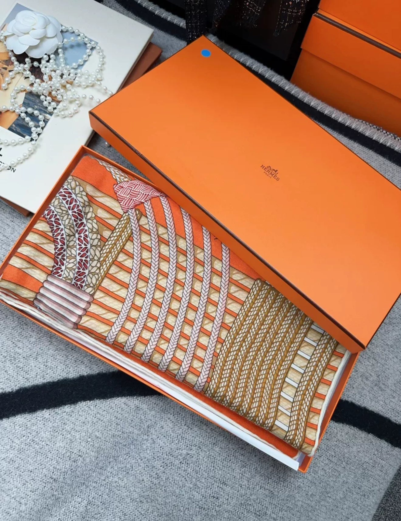 Hermes Scarf Cashmere 140 “Dressage Tressage” Orange/White/Beige ...