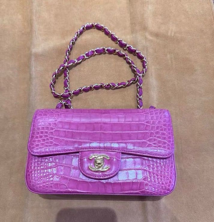 Chanel pink Alligator leather mini flap gold hardware – Wararni.com