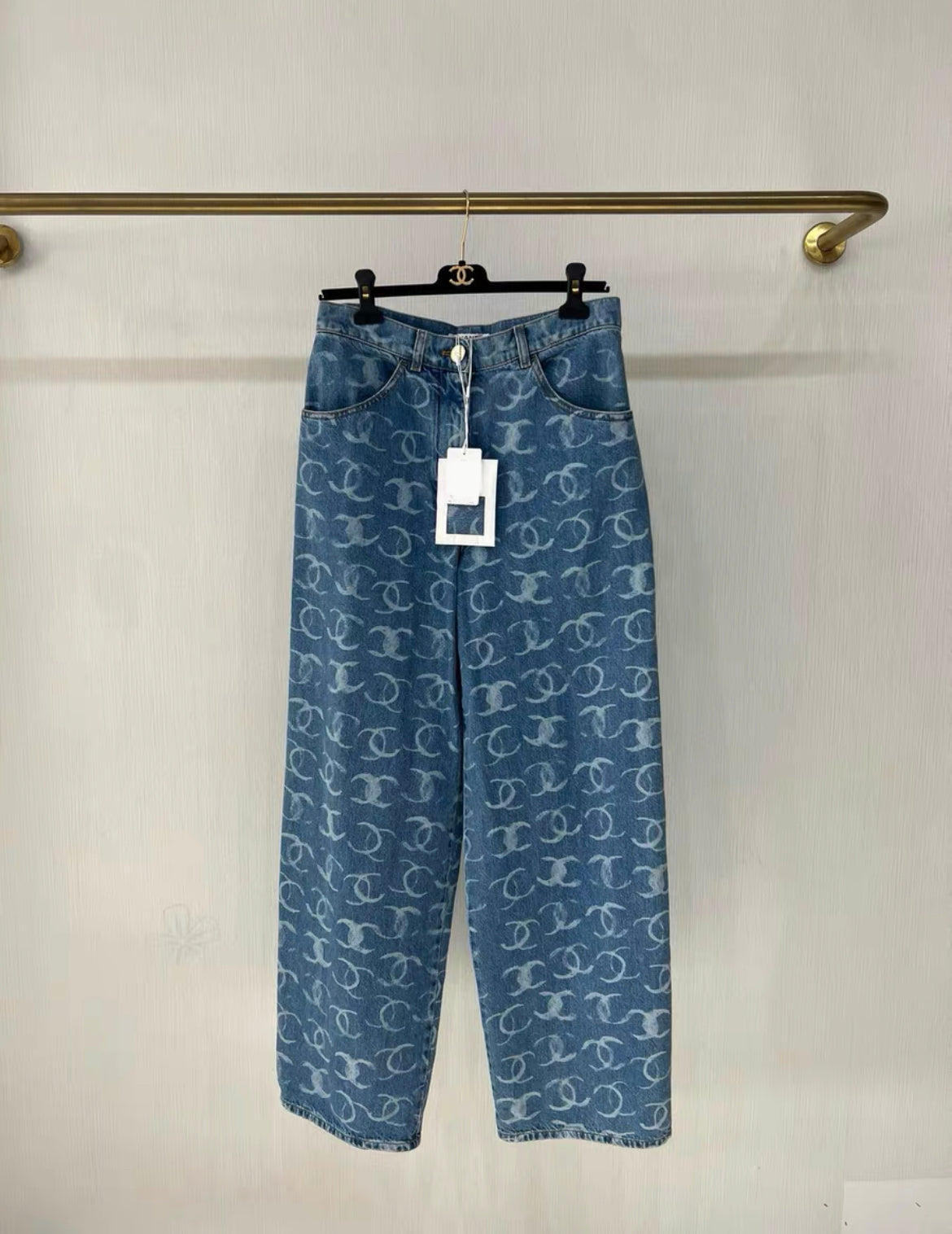 Chanel 23B Runway Light Blue Denim White CC Print Logo Baggy Oversized ...