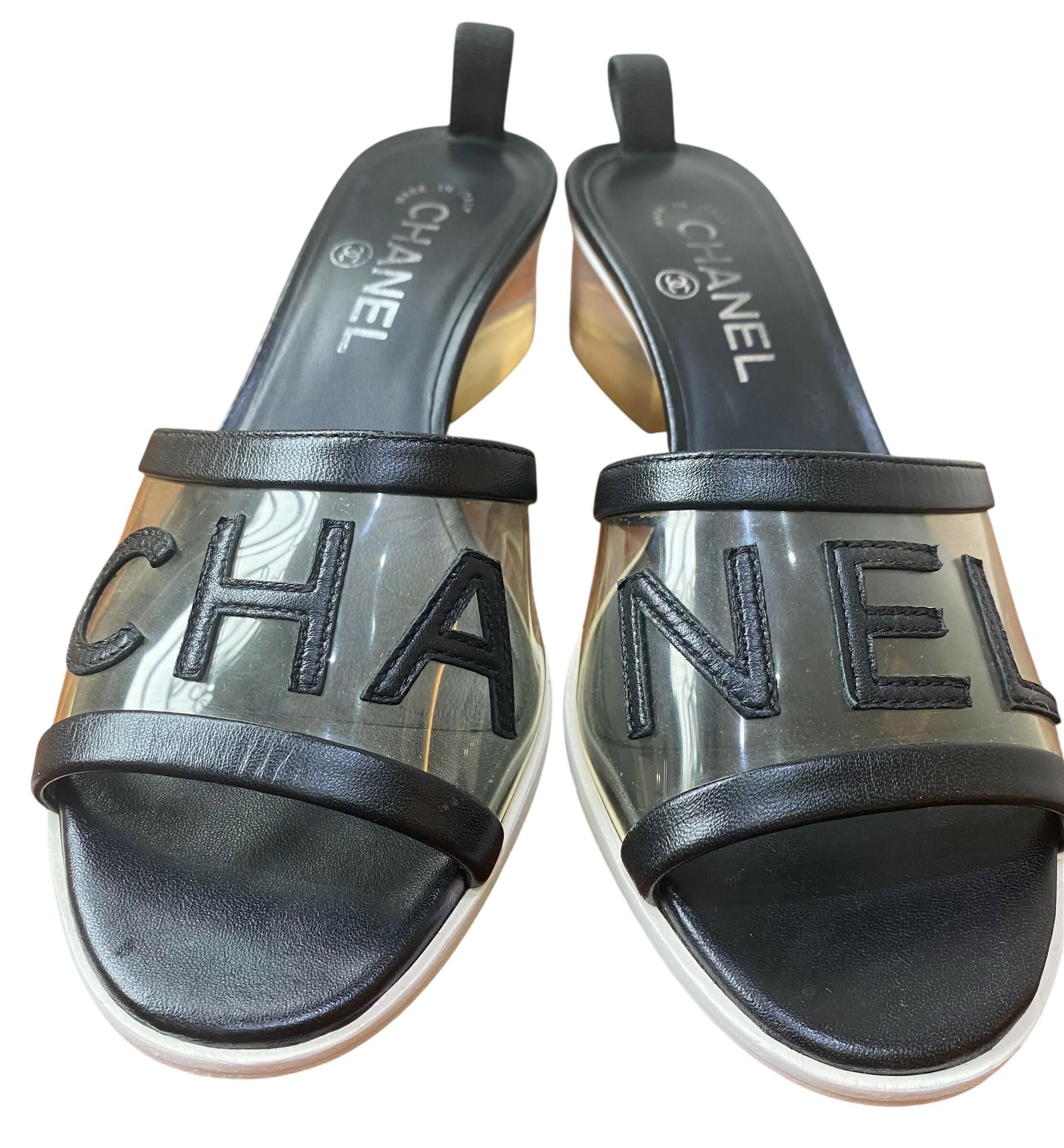 Chanel 19S Runway PVC Black Leather Letters Resin Block Heel Mule Slid ...