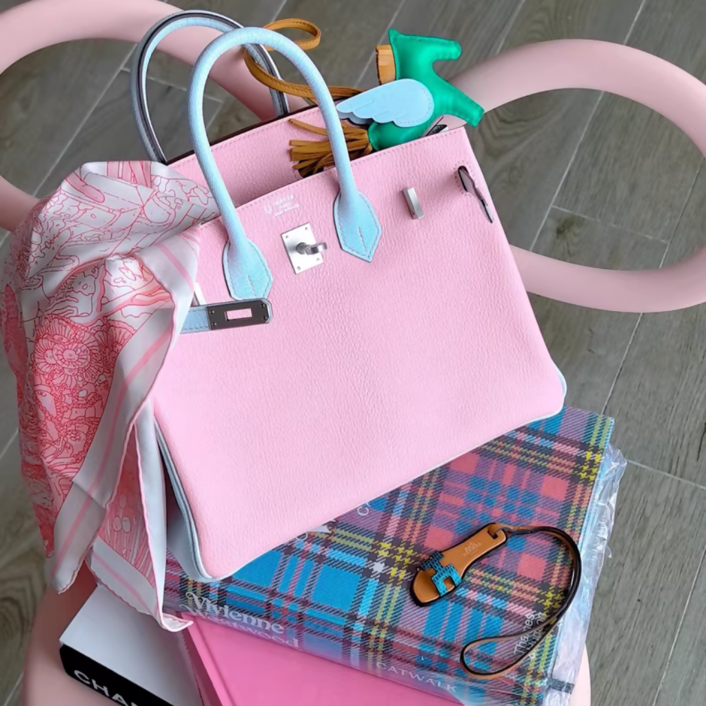 Hermès Birkin 25 3Q rose sakura pink & T0 Blue Brume Goatskin leather ...