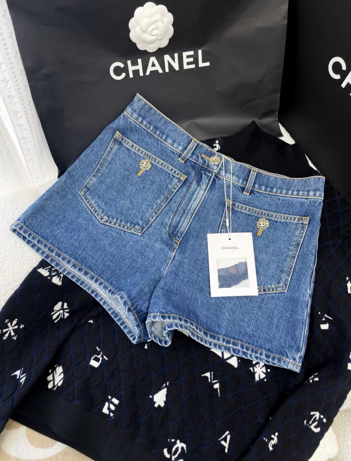 Chanel 22A Blue Gem Button Two-Pocket Denim Shorts – Wararni.com